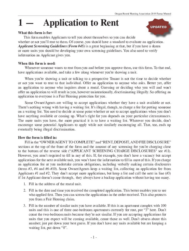 Fillable Online PDF Application to Rent, Form 1 - Oregon Rental Housing ...