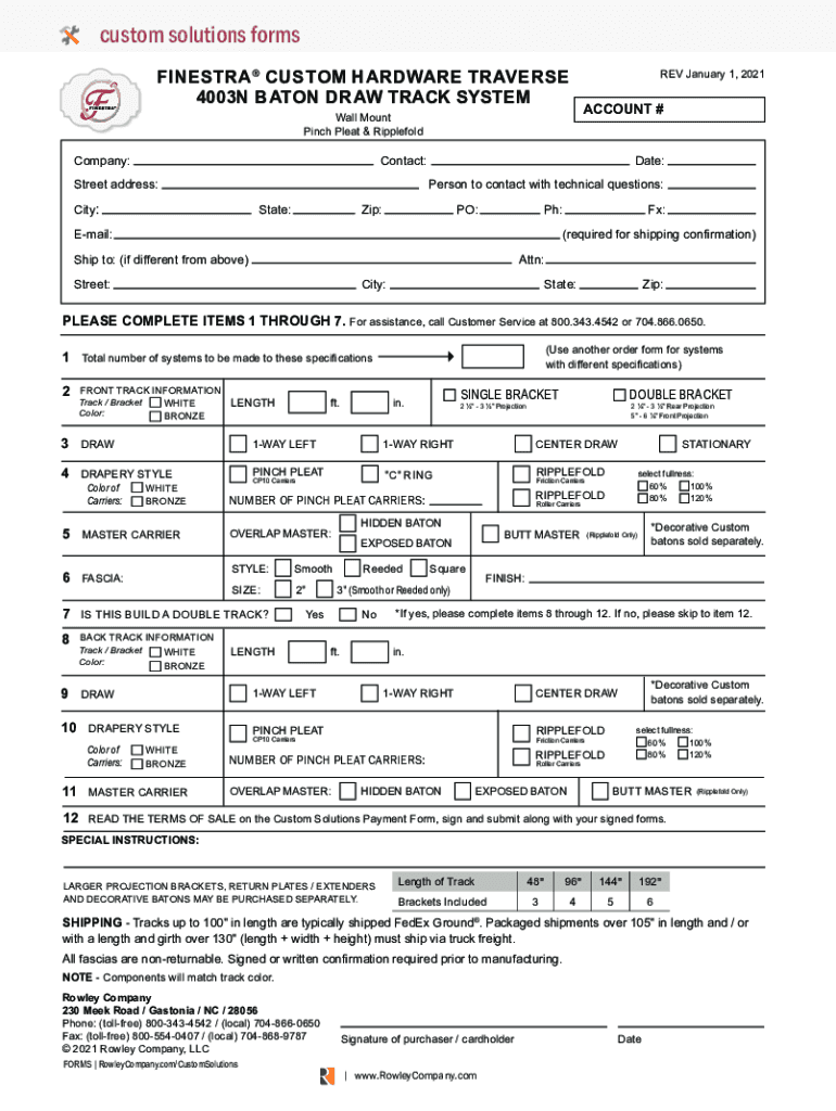 Fillable Online FINESTRA TRAVERSE ORDER FORM 4003N BATON DRAW TRACK ...
