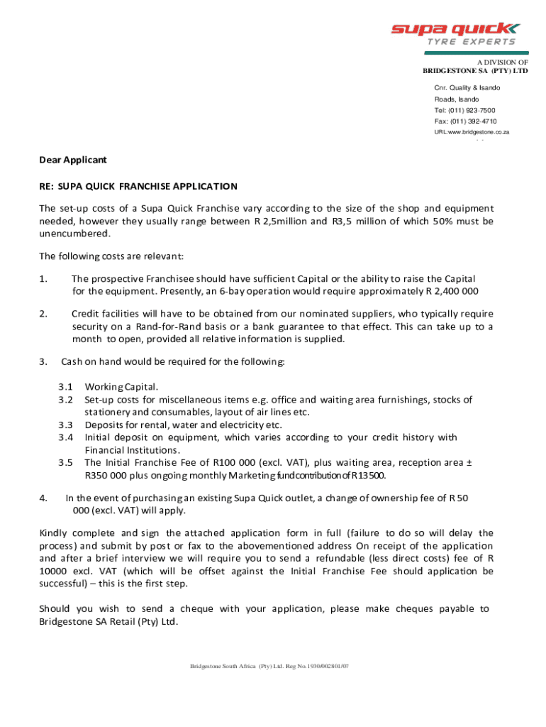 Fillable Online Dear Applicant RE: SUPA QUICK FRANCHISE APPLICATION Fax ...