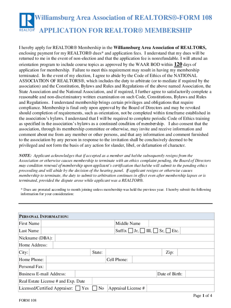 Fillable Online Williamsburg Area Association of REALTORS-FORM 108 ...