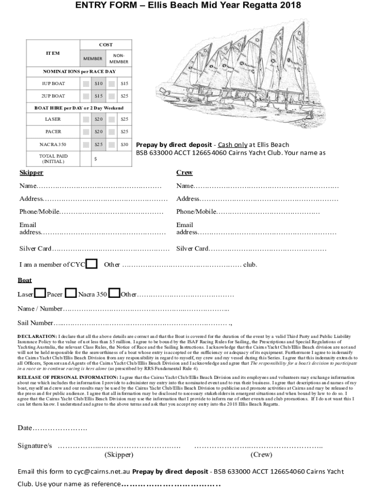 Fillable Online Fillable Online Ellis Beach Opening Regatta - Entry ...