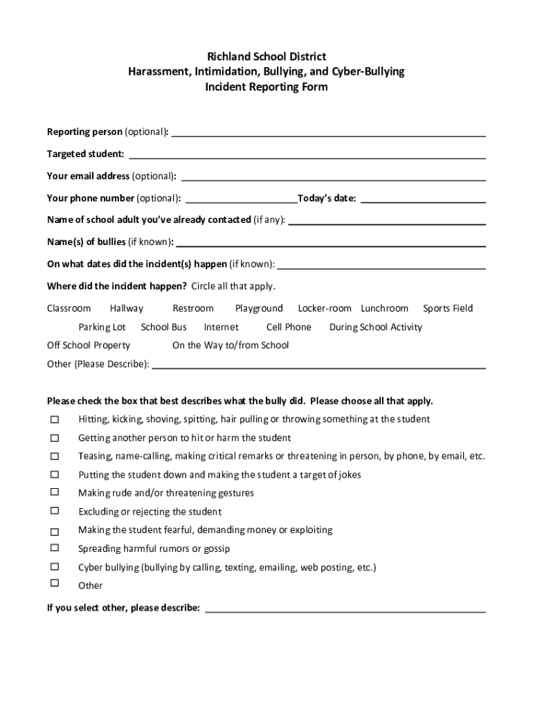 Fillable Online 3207 - Bullying Incident Reporting Form Fax Email Print ...
