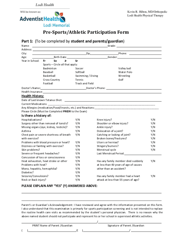Fillable Online Pre-Sports/Athletic Participation Form - Jim Elliot ...