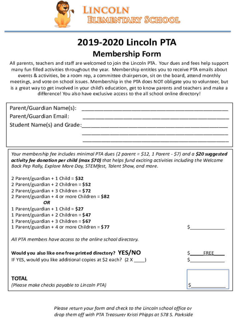 Fillable Online Parent Teacher Association (PTA) / PTA Membership ...