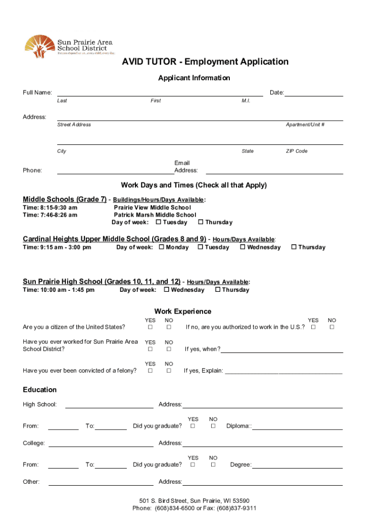 Fillable Online AVID TUTOR - Employment Application Fax Email Print ...