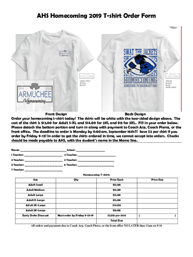 Fillable Online AHS Homecoming 2019 T-shirt Order Form Fax Email Print ...