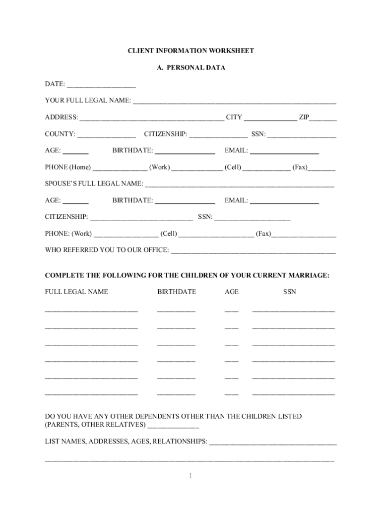 Fillable Online CLIENT INFORMATION WORKSHEET A. PERSONAL DATA Fax Email ...