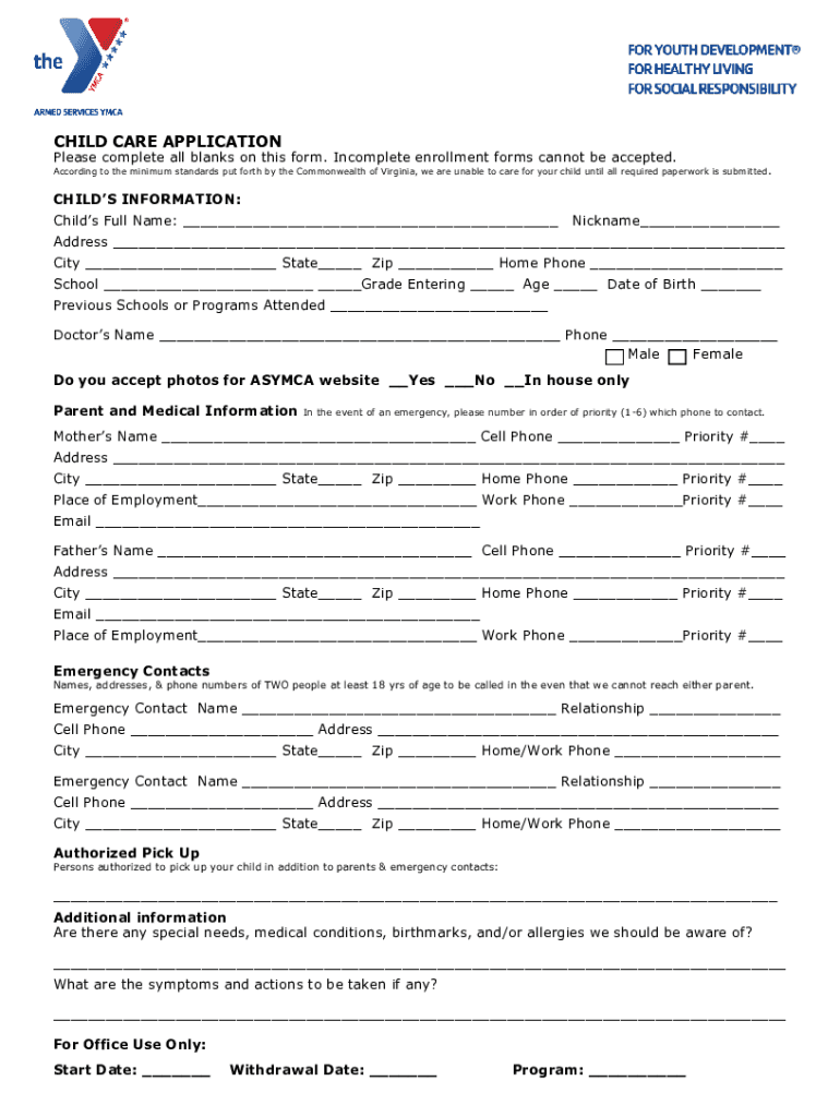 Fillable Online FREE 11+ Child Care Application Forms in PDFMS ...