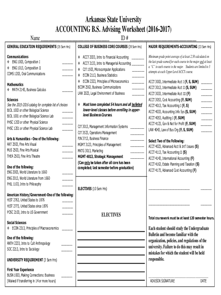 Fillable Online 2017-2018 Advising Worksheets - Arkansas State ...