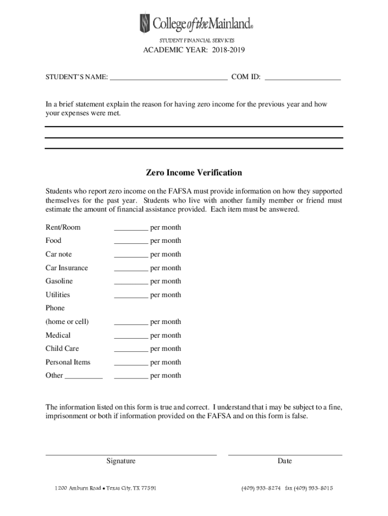 Fillable Online Zero Income Verification - College of the Mainland Fax Email Print - pdfFiller