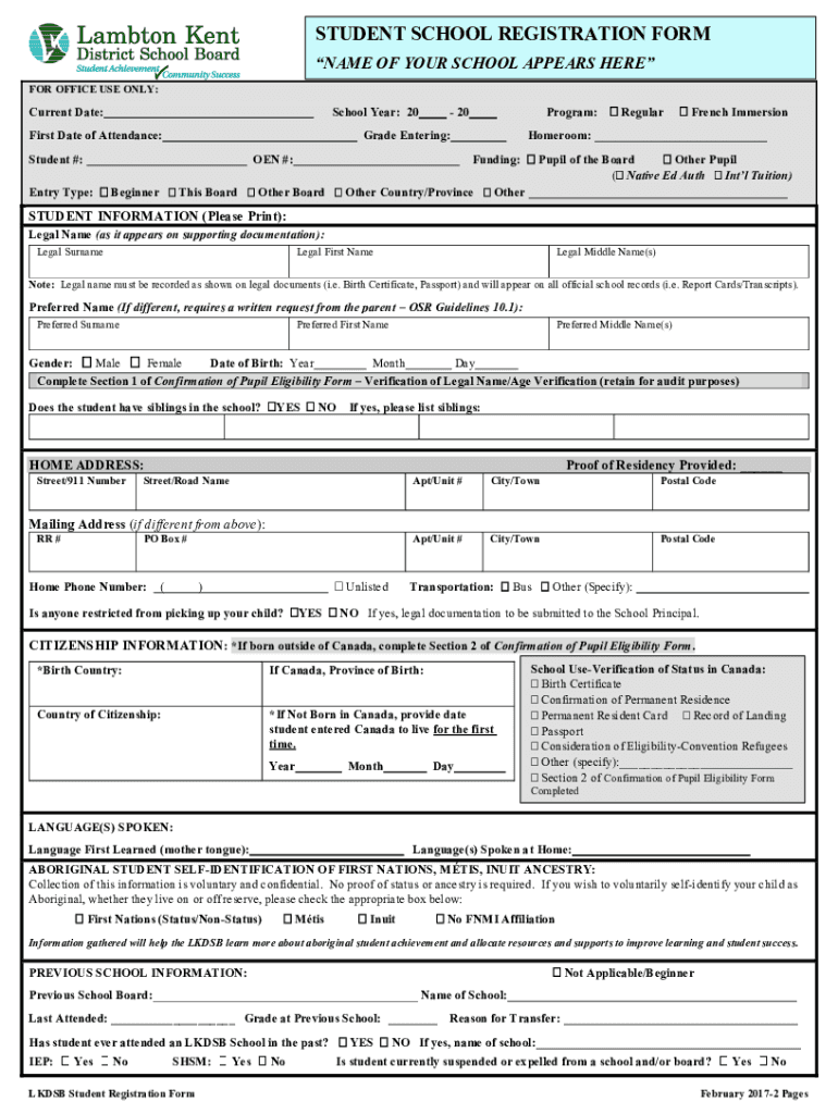 Fillable Online STUDENT SCHOOL REGISTRATION FORM Fax Email Print ...