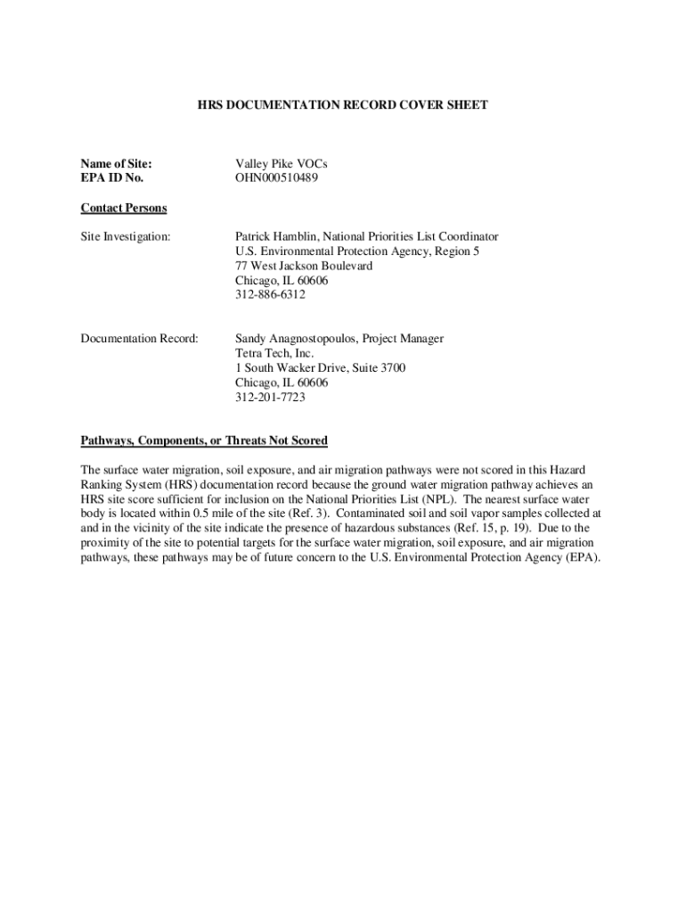 Fillable Online EPA - HAZARD RANKING SYSTEM (HRS) DOCUMENTATION RECORD ...