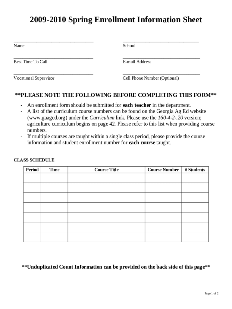 2009-2010 Spring Enrollment Ination Sheet Doc Template | pdfFiller