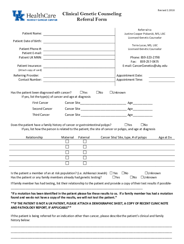 Fillable Online ukhealthcare uky Clinical Genetic Counseling Referral ...