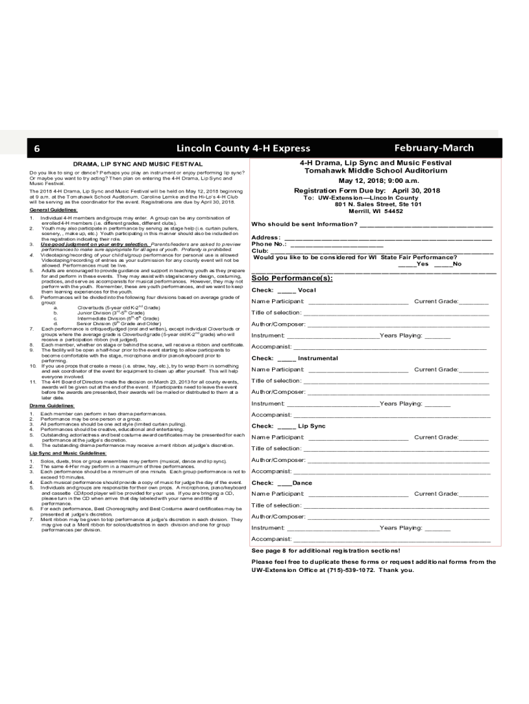 Fillable Online 4 H Drama, Lip Sync and Music Festival Tomahawk Middle ...