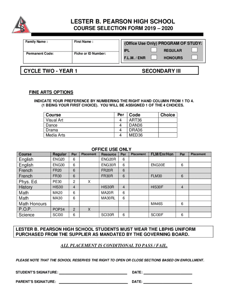 Fillable Online LESTER B. PEARSON HIGH SCHOOL COURSE SELECTION FORM ...