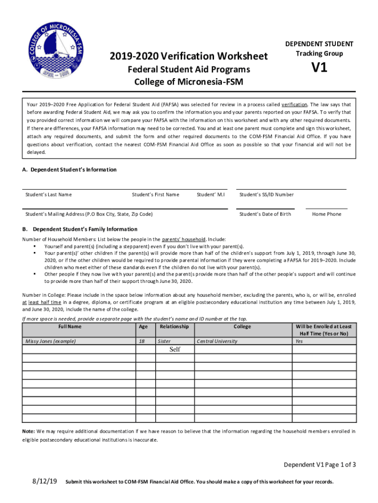 Fillable Online 2020-2021 Verification Worksheet Dependent Student- Tracking ... Fax Email Print ...