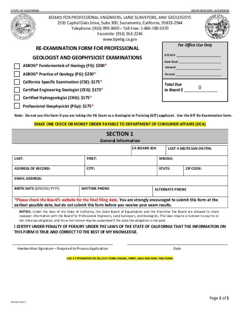 Fillable Online Re-Examination Form for Professional Geologist and ...