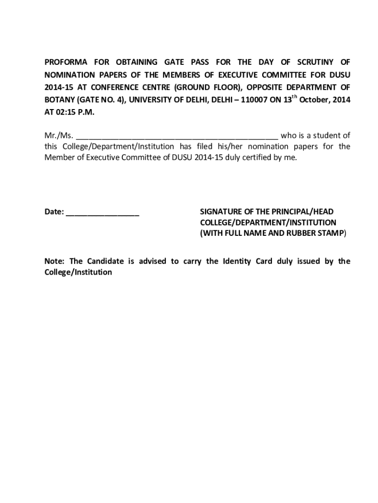 Fillable Online PROFORMA FOR OBTAINING GATE PASS FOR THE DAY OF ...