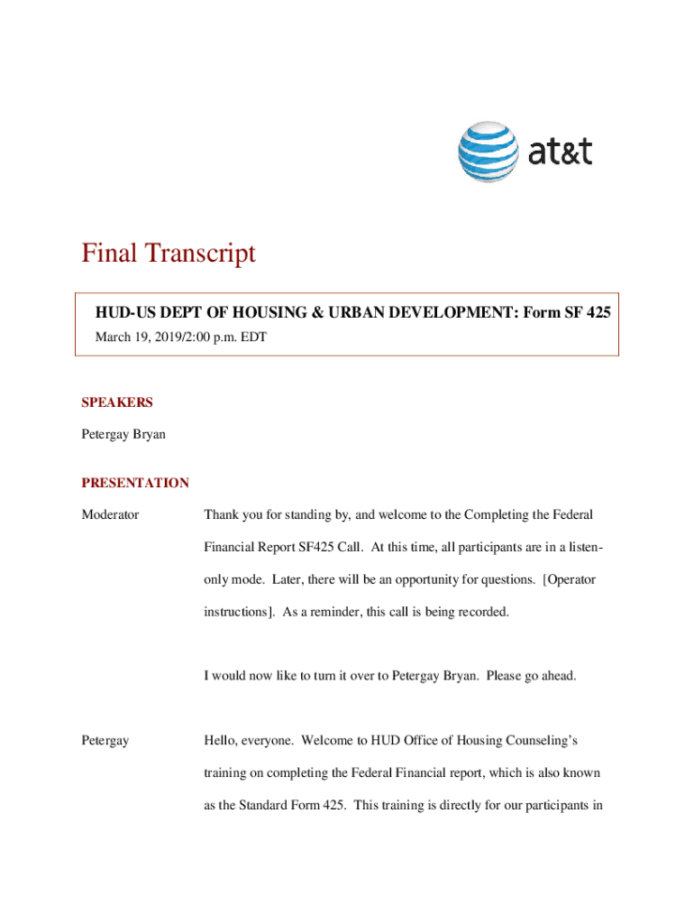 Fillable Online Housing Counseling Program: Completing the Form SF-425 ...