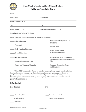 Fillable Online West Contra Costa Unified School District Uniform ...