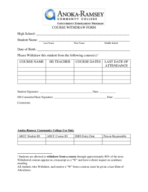 Fillable Online COURSE WITHDRAW FORM High School: Student Name: Last ...