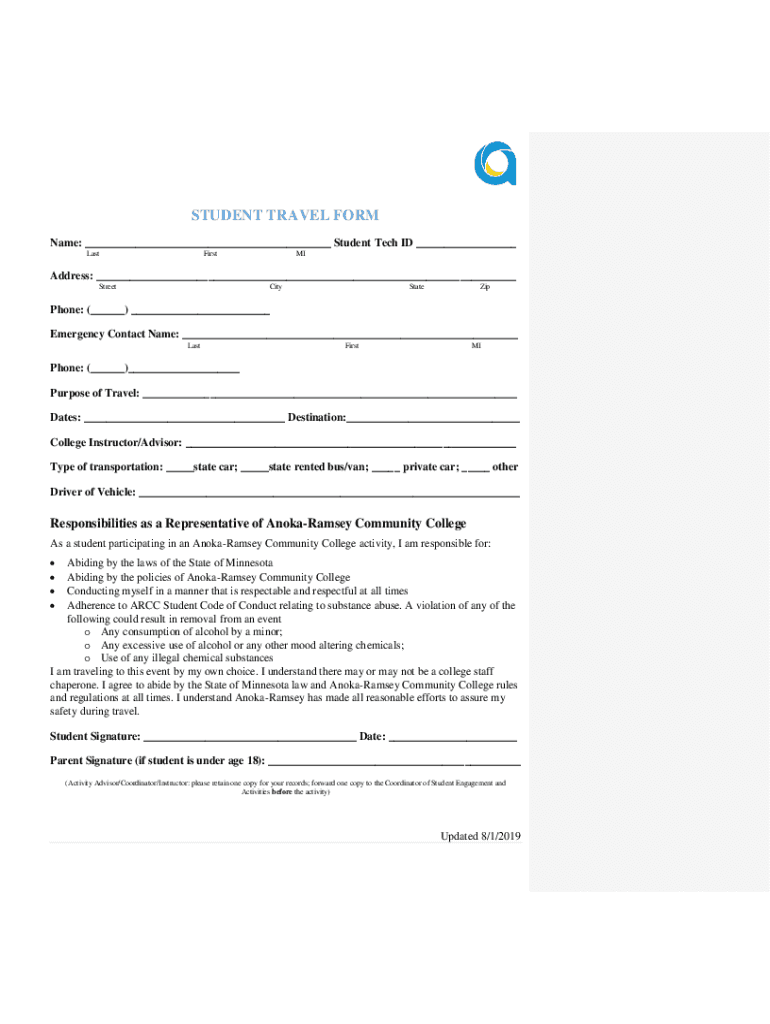 Fillable Online STUDENT TRAVEL FORM - Microsoft Fax Email Print - pdfFiller