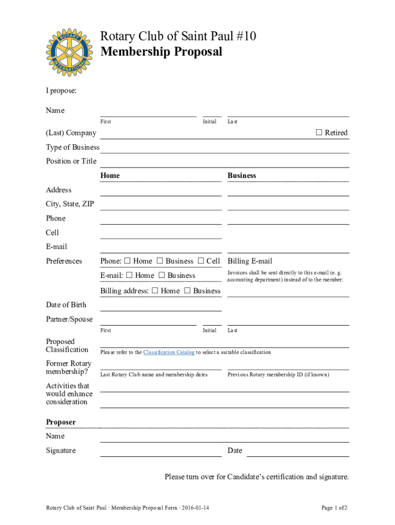 Fillable Online Rotary Club of Saint Paul #10 Membership Proposal Fax ...