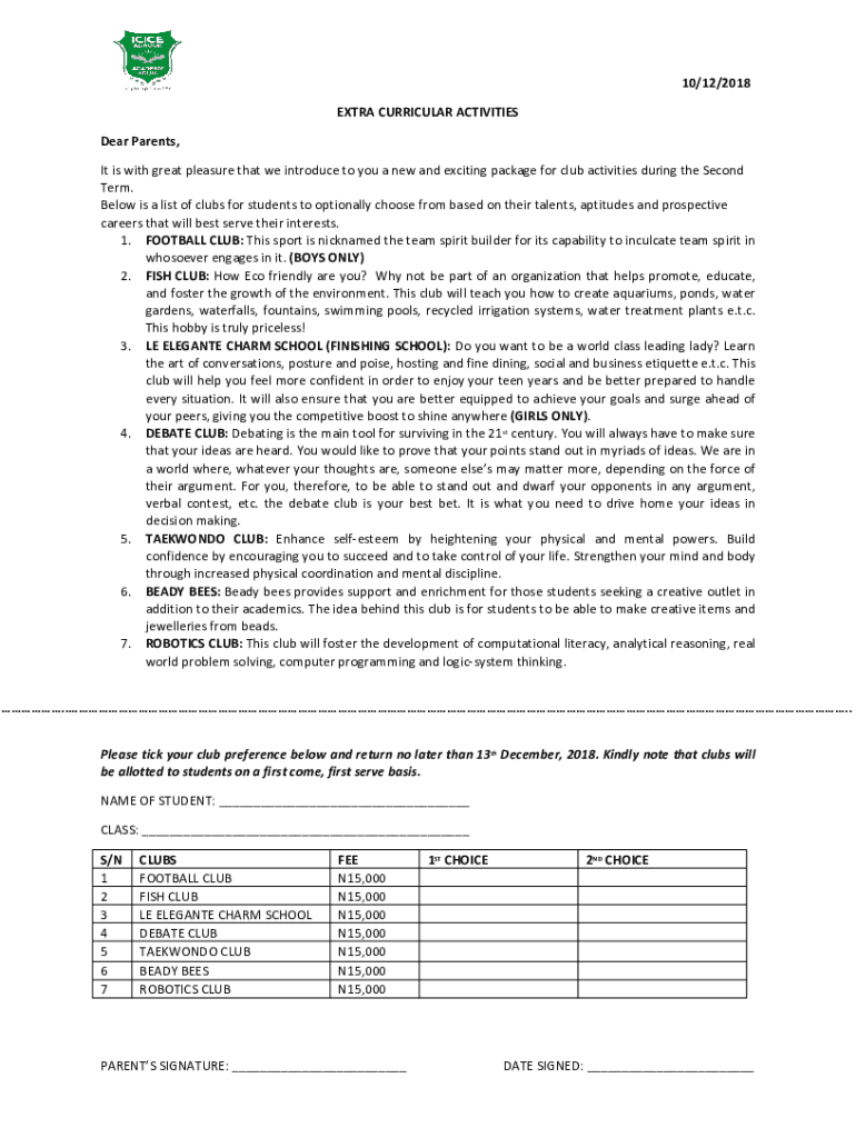 Fillable Online Parent Involvement in Extra-Curricular ActivitiesParent ...