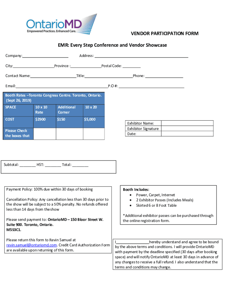 Fillable Online VENDOR PARTICIPATION FORM EMR: Every Step Conference ...