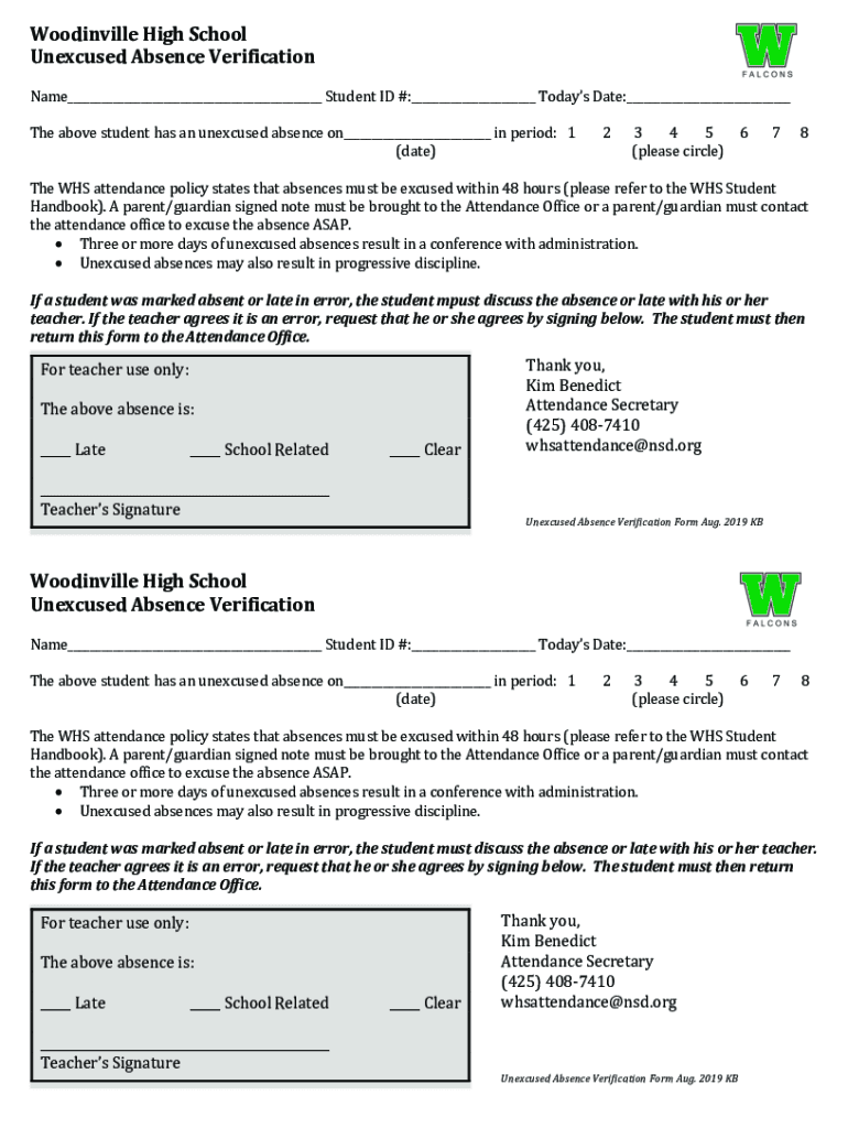 Fillable Online Unexcused Absence Verification Form 2019-20.docx Fax ...
