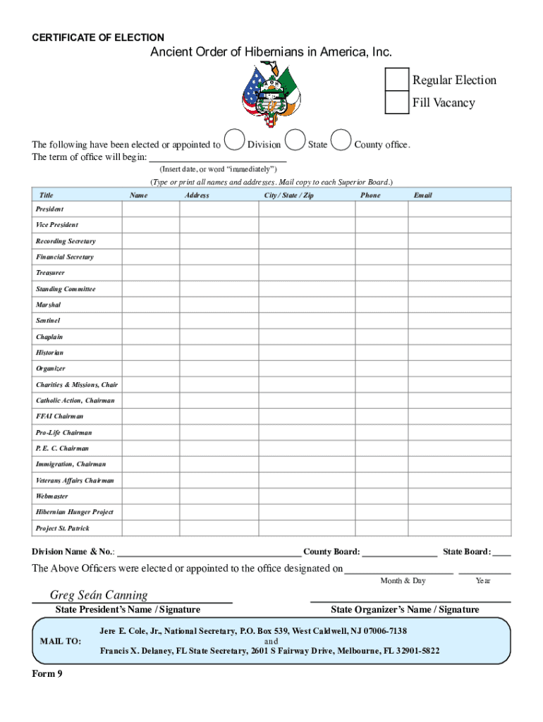 Fillable Online Fillable Online CERTIFICATE OF ELECTION FORM 9 ... Fax ...