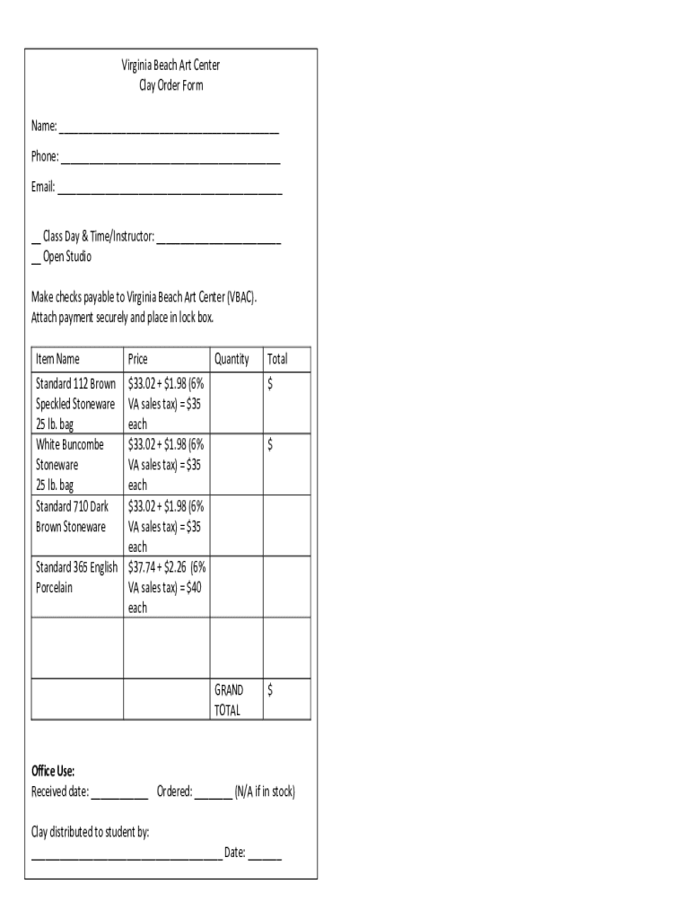 Fillable Online Clay Order Form single side.docx Fax Email Print ...