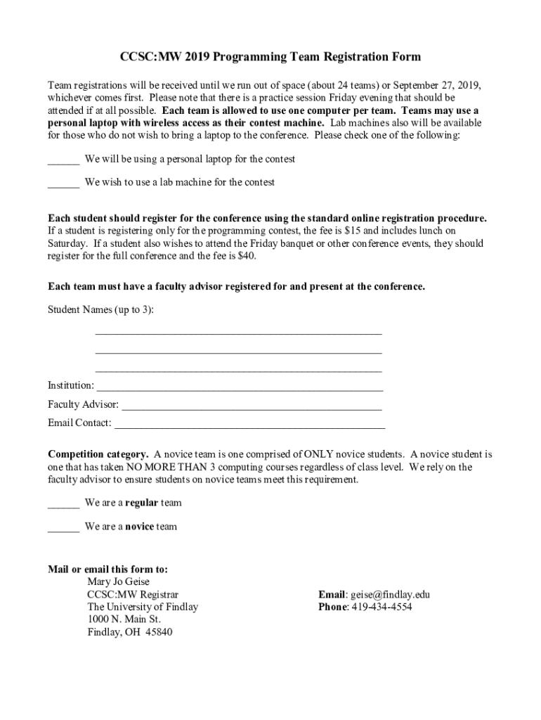 Fillable Online CCSC:MW 2019 Programming Team Registration Form Fax ...