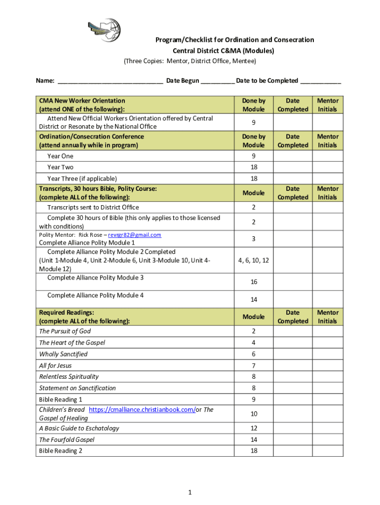Fillable Online Program/Checklist for Ordination and Consecration Fax ...