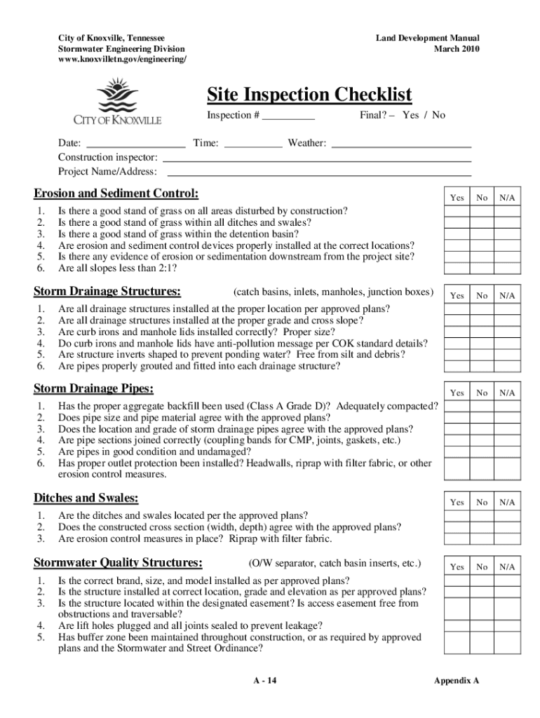 Fillable Online Form G - Site Inspection Checklist. Land Development ...