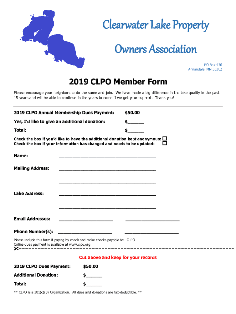 Fillable Online 2020 CLPO Member Form - Clearwater Lake Property Owners ... Fax Email Print ...
