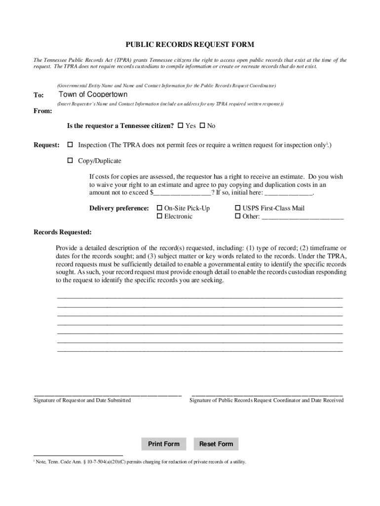 Fillable Online PUBLIC RECORDS REQUEST FORM - East Ridge, Tennessee Fax Email Print - pdfFiller