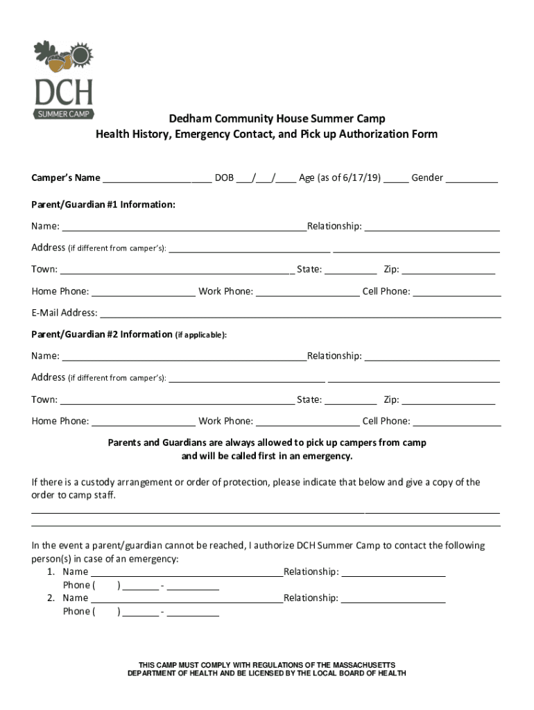 Fillable Online Dedham Community House Summer Camp Fax Email Print ...