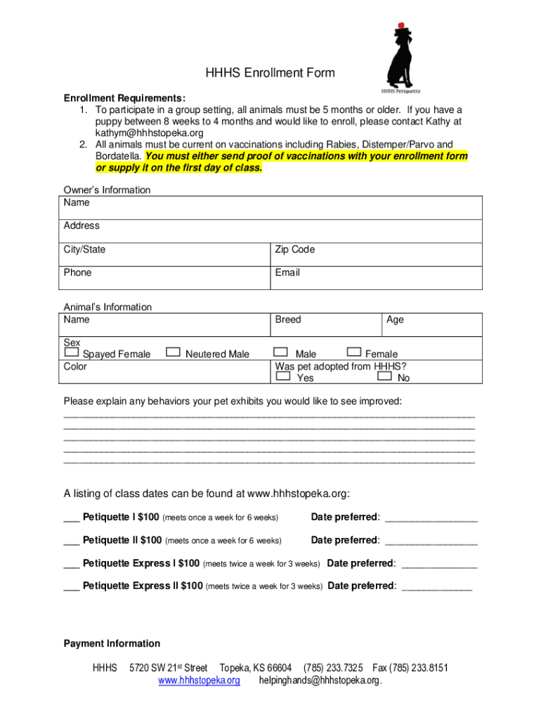 Fillable Online HHHS Enrollment Form - hhhstopeka.org Fax Email Print ...