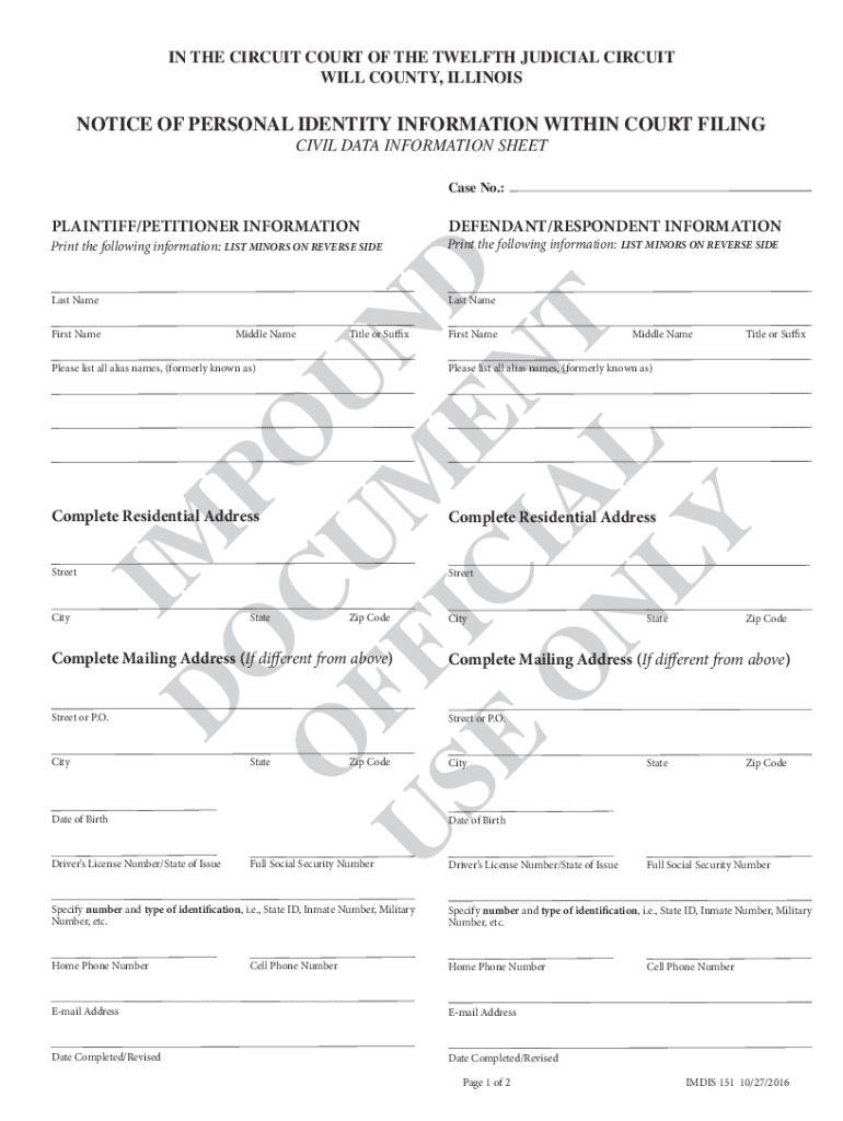 Fillable Online NOTICE OF PERSONAL IDENTITY INFORMATION WITHIN A COURT ...