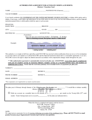 Fillable Online AUTHORIZATION AGREEMENT FOR AUTOMATIC DEBITS ... - nccumc.org Fax Email Print ...