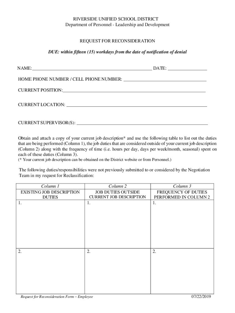 Fillable Online Request for Reconsideration - Employee Fax Email Print ...