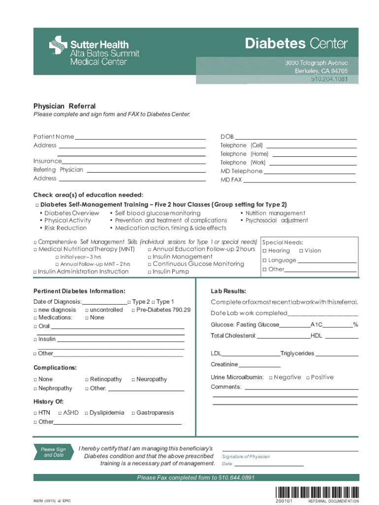 Fillable Online Diabetes Center Physician Referral Form Fax Email Print ...