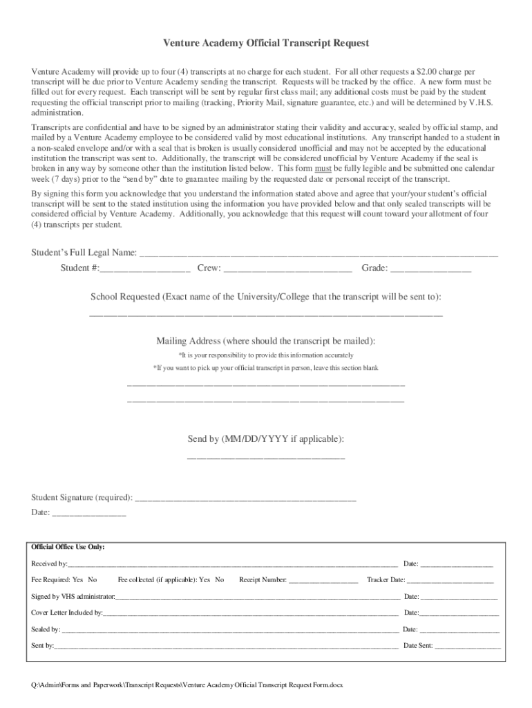 Fillable Online STUDENT TRANSCRIPT REQUEST FORM - Venture Academy ...