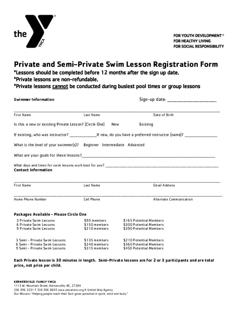 Fillable Online Private and Semi-Private Swim Lessons Registration Form Fax Email Print - pdfFiller