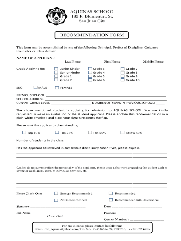 Fillable Online aquinas edu AQUINAS SCHOOL 183 F. Blumentritt St ...