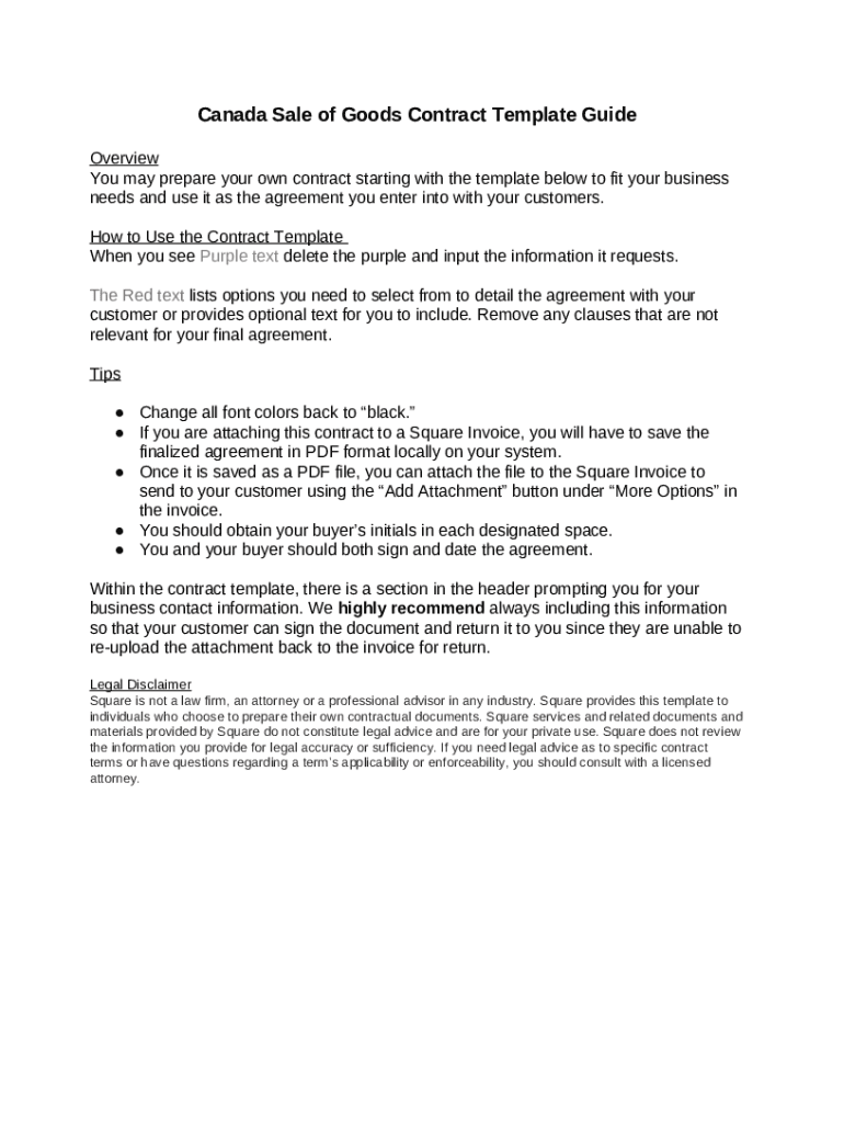 Canada Sale of Goods Contract Template Guide Doc Template | pdfFiller