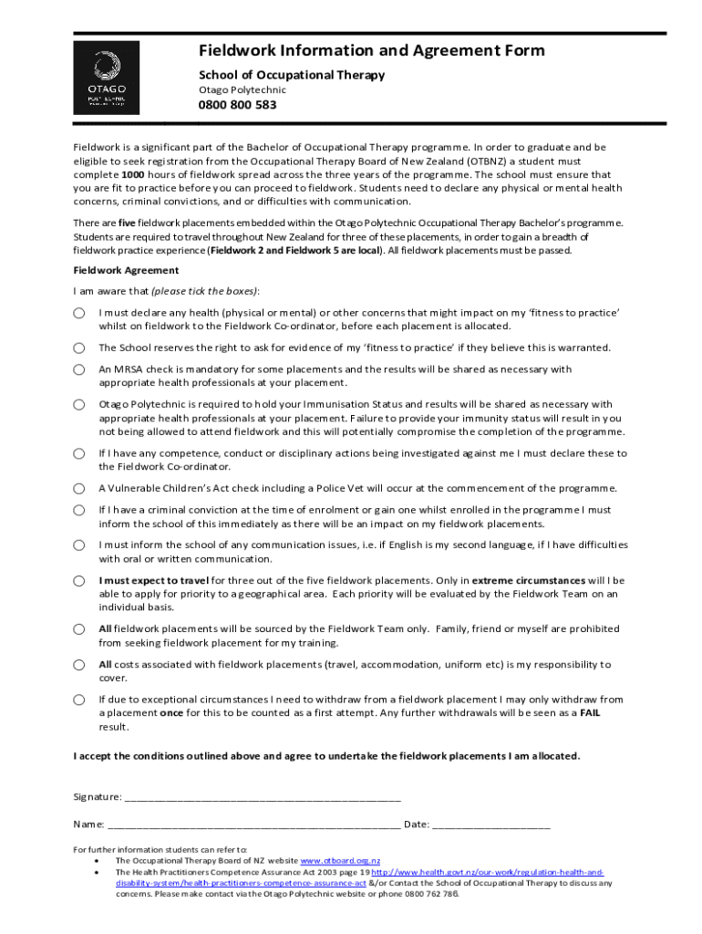 Fillable Online PDF Fieldwork Information and Agreement Form - Otago ...