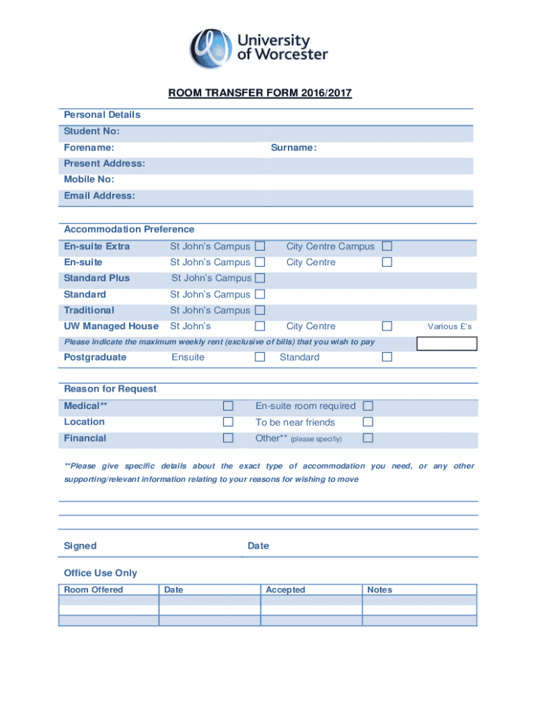 Fillable Online Room Change Request Form PDF Fax Email Print - pdfFiller
